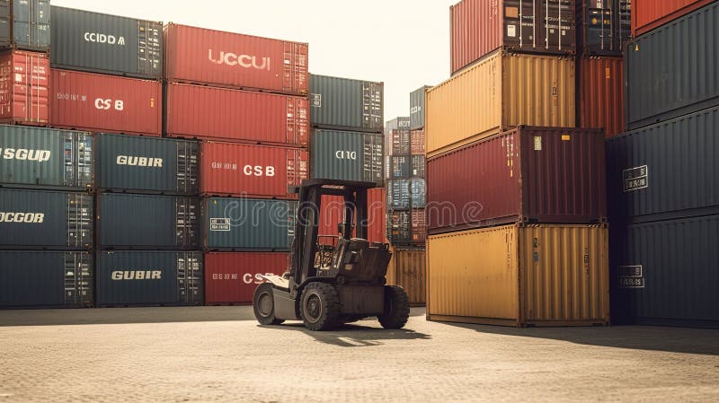 Cargo Shipping Containers in Storage Area with Forklifts with Sp Stock ...