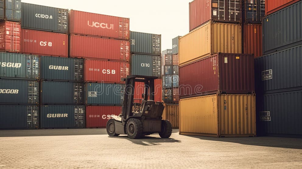 Cargo Shipping Containers in Storage Area with Forklifts with Sp Stock ...