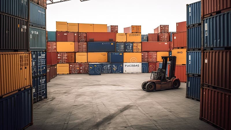 Cargo Shipping Containers in Storage Area with Forklifts and Spa Stock ...