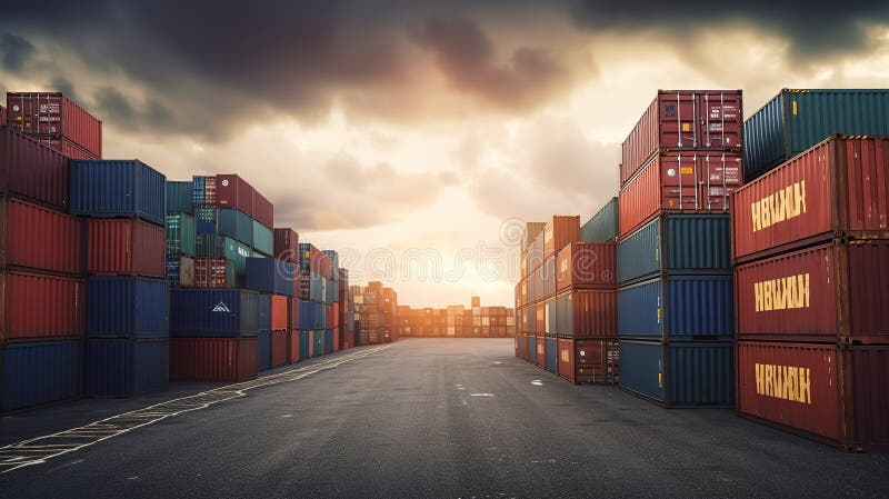 Cargo Shipping Containers Under Cloud Sky. Import Export Logisti Stock ...