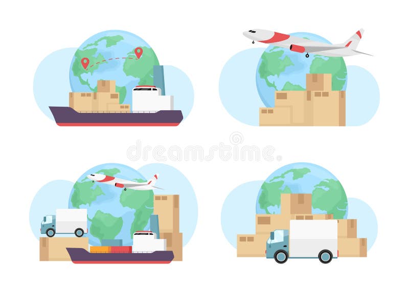 Cargo Shipping Modes Around World Flat Concept Vector Illustration Set ...