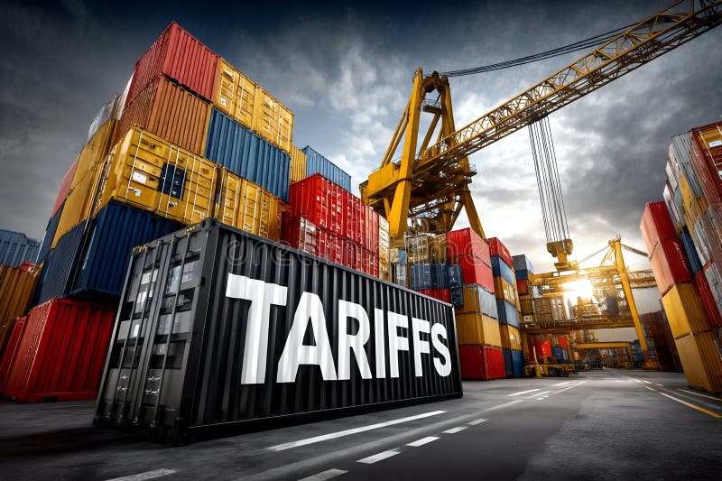 Cargo Shipping Yard with Tariffs Text on Container Near Large Yellow ...