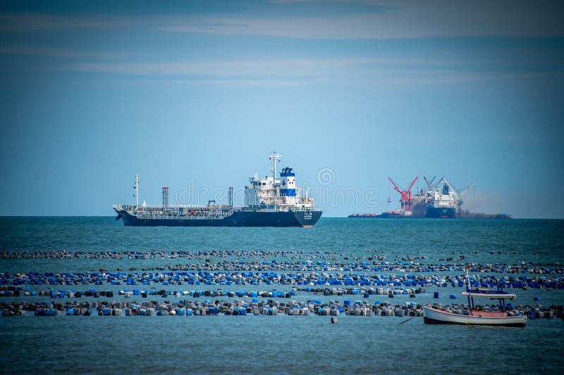 Cargo Ships Anchor in Front of the Bay of Si Racha District, Thailand ...