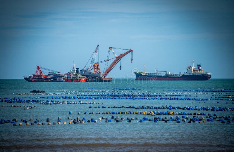Cargo Ships Anchor in Front of the Bay of Si Racha District, Thailand ...