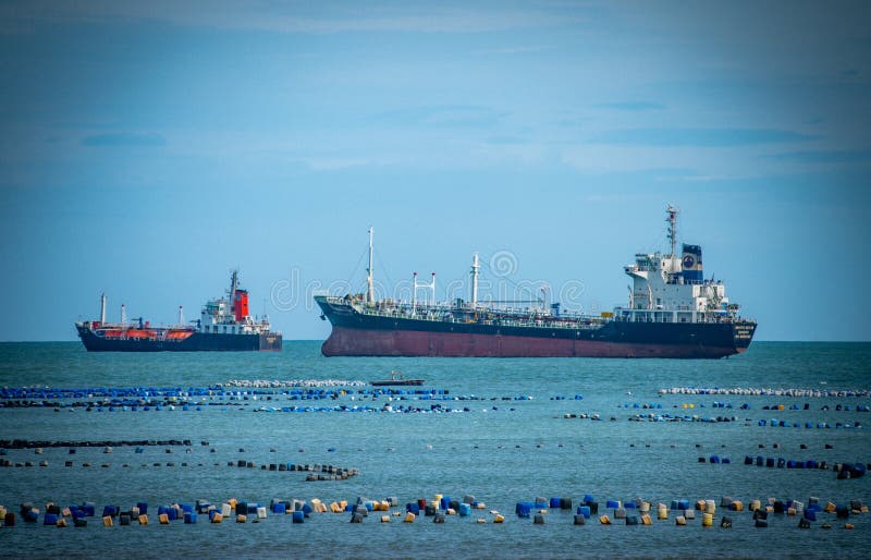 Cargo Ships Anchor in Front of the Bay of Si Racha District, Thailand ...