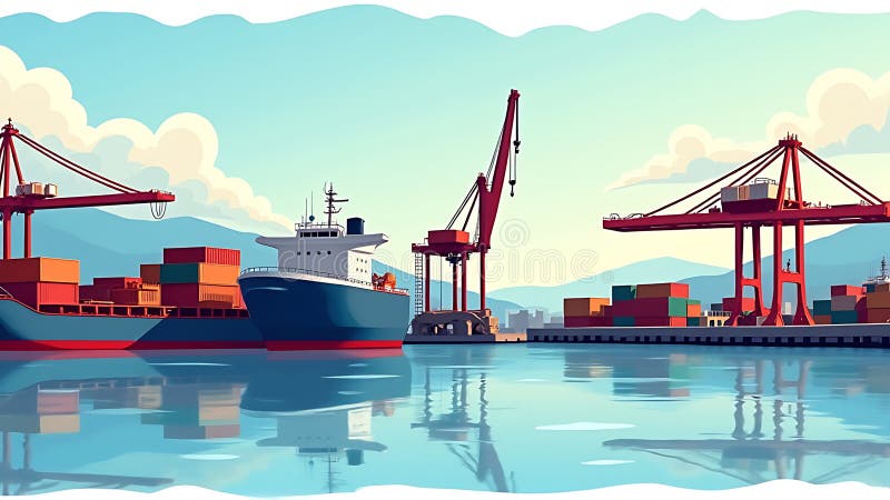 Cargo Ships at a Busy Port. Stock Illustration - Illustration of ...