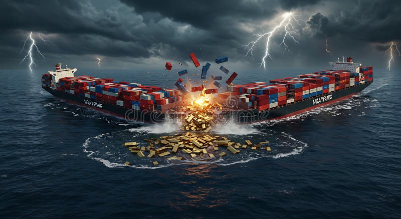 Cargo Ships Colliding with Gold Falling into Ocean during Storm Stock ...