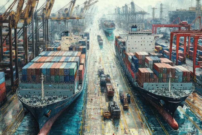 Cargo Ships Docked at a Busy Port Stock Illustration - Illustration of ...