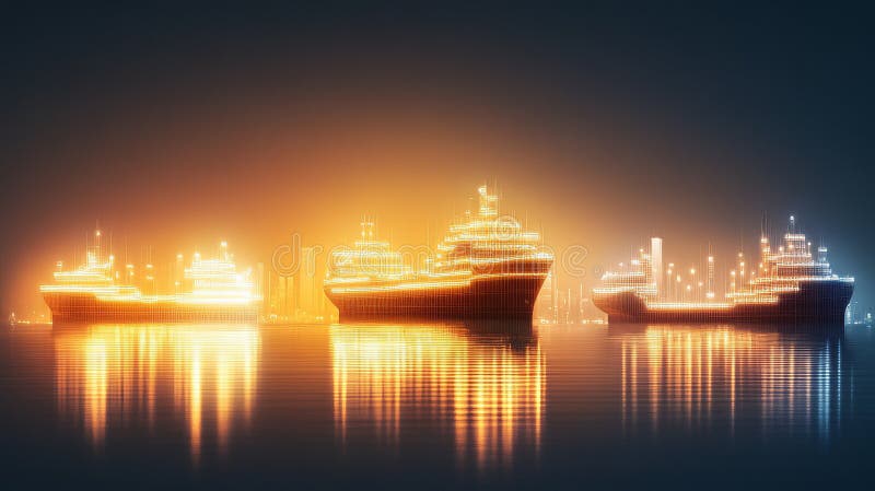 Cargo Ships Illuminated at Night in a Bustling Harbor Reflecting on ...