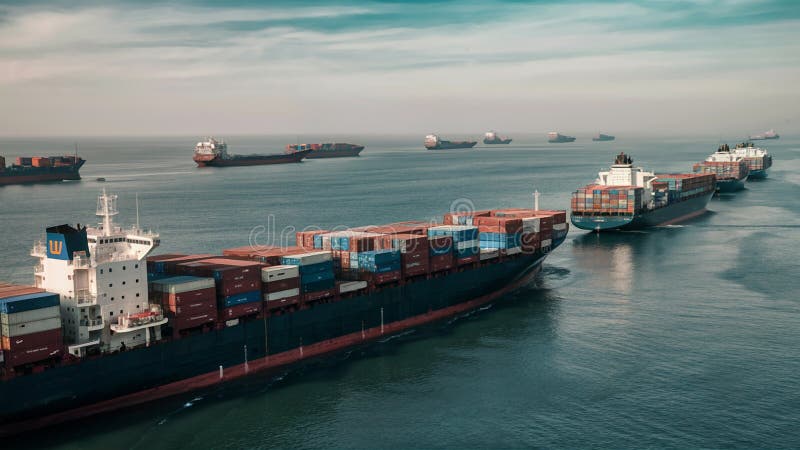 Cargo Ships Lined Up Waiting To Enter Port Stock Illustration ...