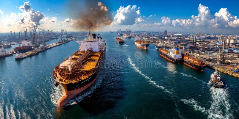 Cargo Ships Entering Industrial Port with Black Smoke Air Pollution ...