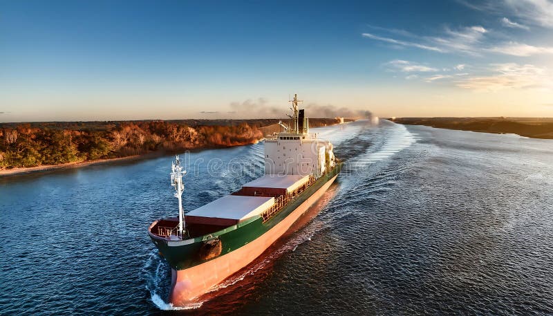 Cargo Ships Sail Upstream from the Sea To the Shore Stock Illustration ...