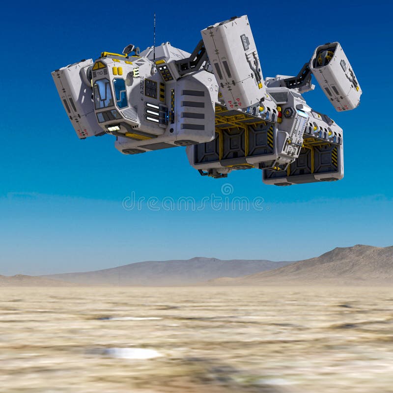 Cargo Space Ship on the Desert Flying and Exploring Stock Illustration ...