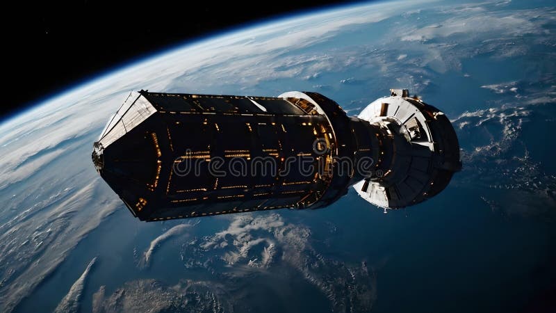 Cargo Spacecraft Orbiting Earth in the Darkness of Space Stock ...