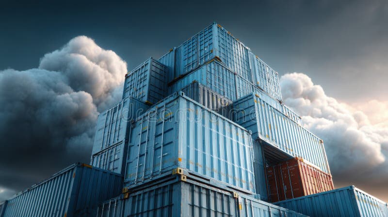 Cargo Stack of Blue Container Boxes with Sky Background Stock Photo ...