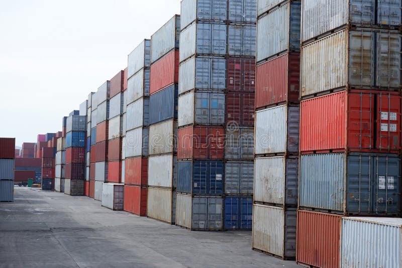 Stacks of Cargo Containers, Import Export Ships in Port Harbour ...
