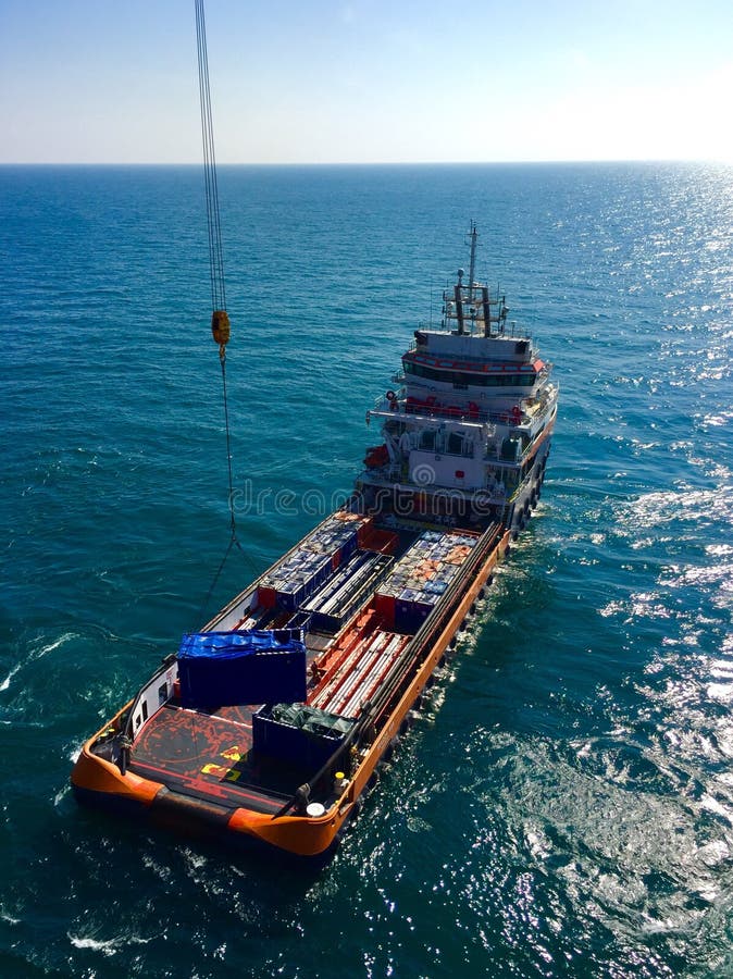 A Supply Boat Which Support Drilling Rig Stock Photo - Image of lift ...