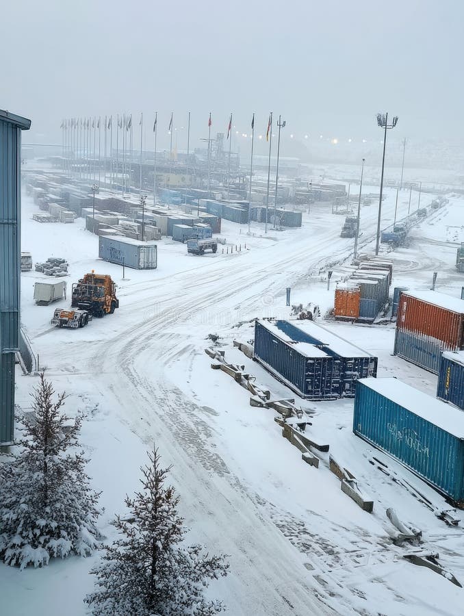 Frozen Cargo Terminal Under Lockdown Surrounded by Customs Flags in ...