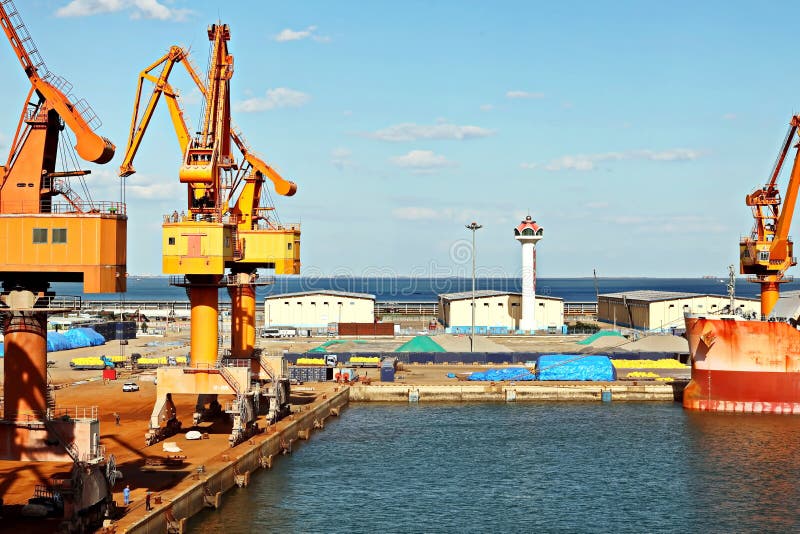 Cargo Terminal for Unloading Bulk Cargoes by Shore Cranes. Views of the ...