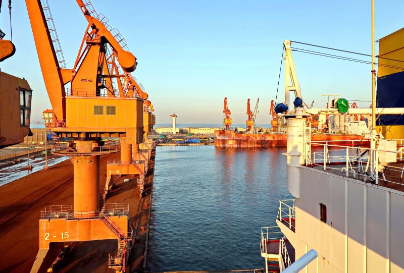 Cargo Terminal for Unloading Bulk Cargoes by Shore Cranes. Views of the ...