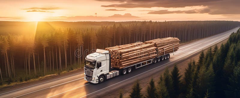 A Cargo Trailer with a Large Logging Truck with a Pine Tree on the Road ...