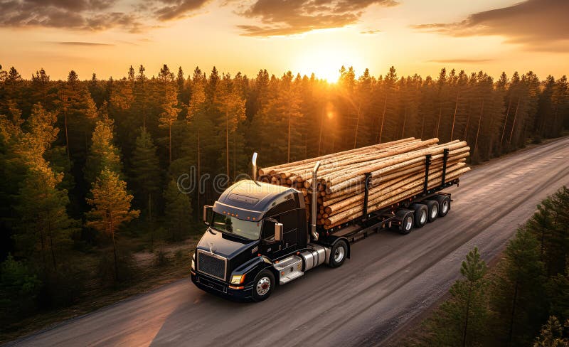 A Cargo Trailer with a Large Logging Truck with a Pine Tree on the Road ...