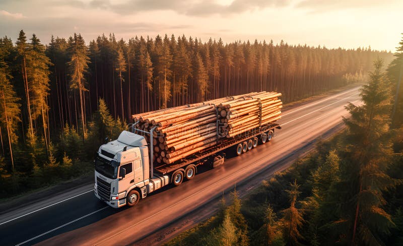 A Cargo Trailer with a Large Logging Truck with a Pine Tree on the Road ...