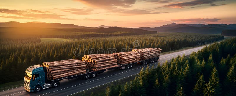 A Cargo Trailer with a Large Logging Truck with a Pine Tree on the Road ...