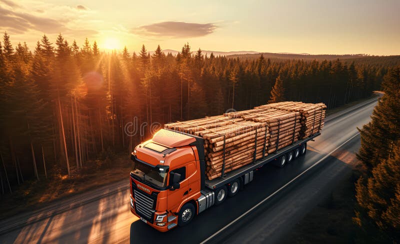 A Cargo Trailer with a Large Logging Truck with a Pine Tree on the Road ...