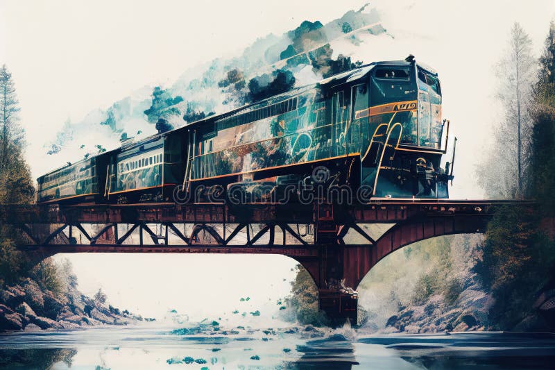 Cargo Train on Bridge with Rushing River Below, Double Exposure Stock ...