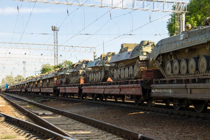 Cargo Train Carrying Military Tanks on Railway Flat Wagons Stock Photo ...