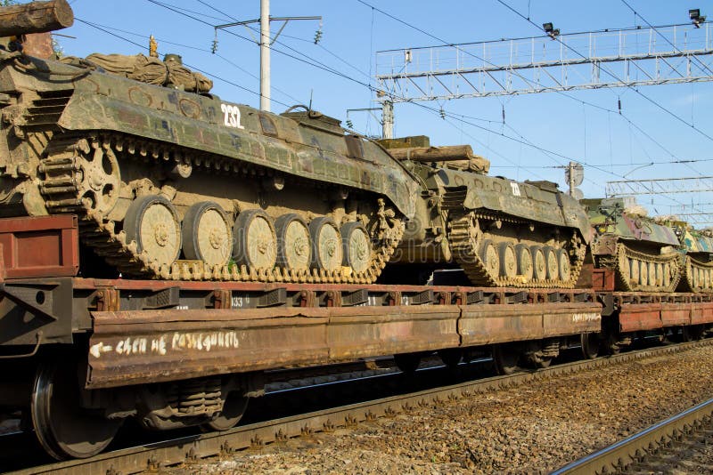 Cargo Train Carrying Military Tanks on Railway Flat Wagons Stock Image ...