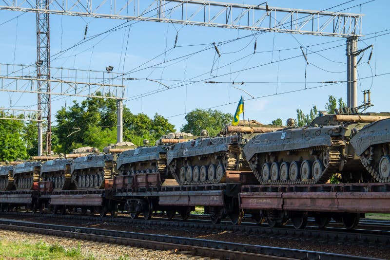 Cargo Train Carrying Military Tanks On Railway Flat Wagons Stock Image ...