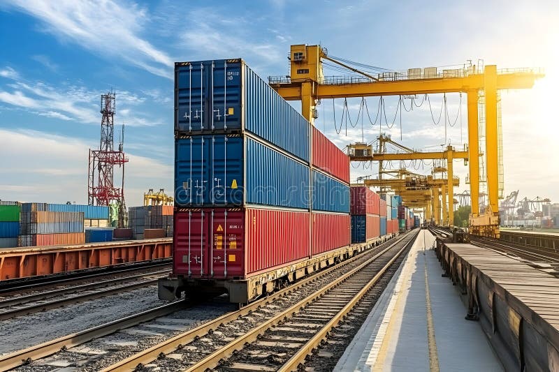 Cargo Train Carrying Stacked Shipping Containers at a Port Stock ...