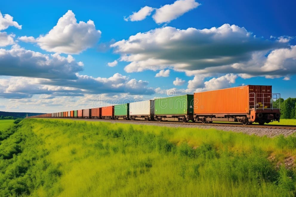 Cargo Train with Containers Passing through Landscape Stock ...