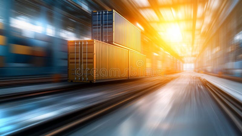 Cargo Train Efficiently Transporting a Container Along Railway Tracks ...