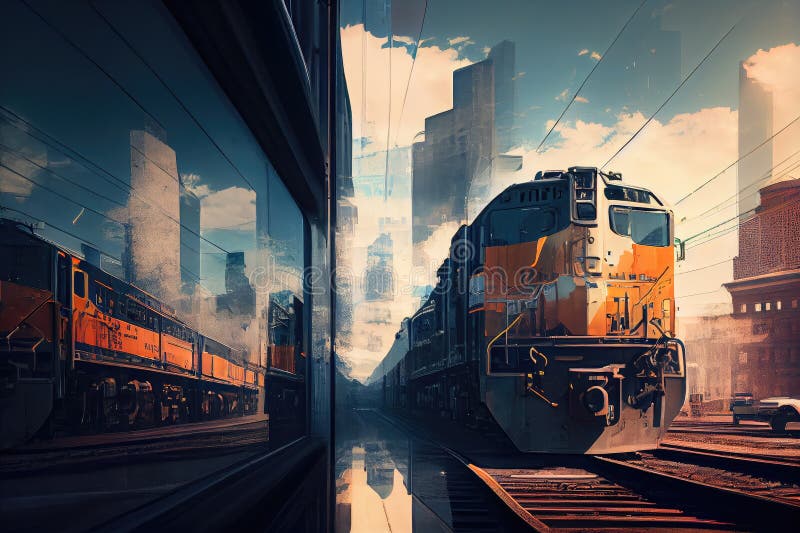 Cargo Train Passing through Bustling City, with Reflections in the ...