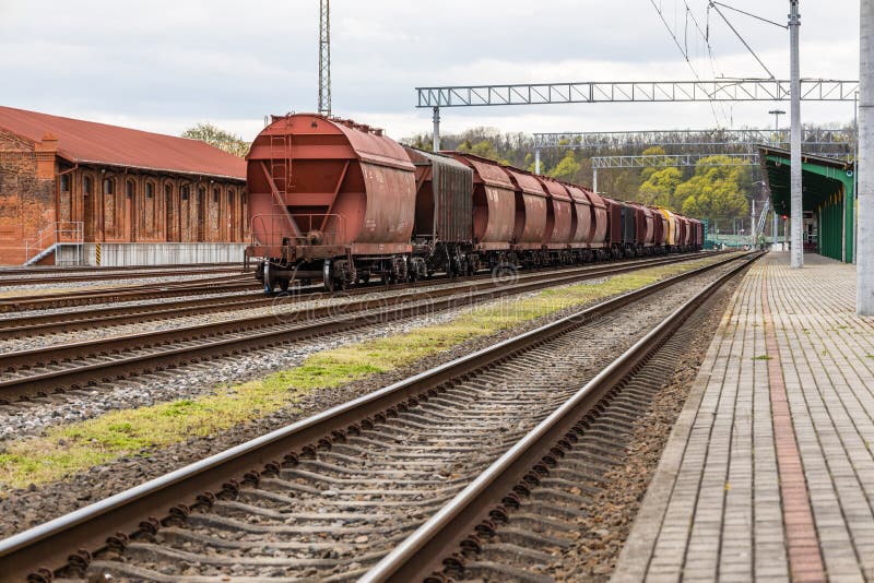 Cargo Train Platform with the Container. Railroad Depot Stock Photo ...