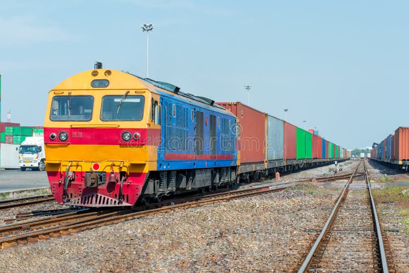 Cargo Train Platform with Freight Train Container at Depot Stock Photo ...