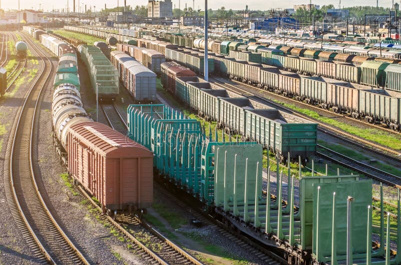 Cargo Train Platform at Sunset with Container. Stock Image - Image of ...