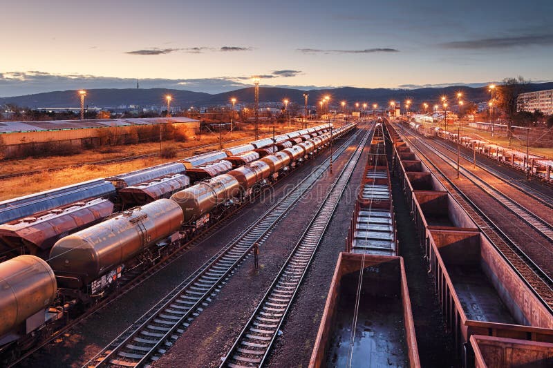 Cargo Train Platform at Sunset with Container Stock Image - Image of ...