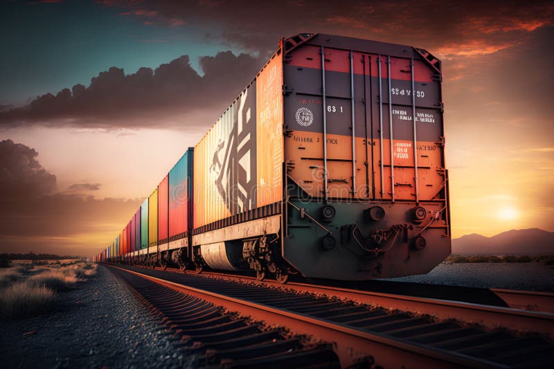 Cargo Train Platform at Sunset with Container Stock Illustration ...