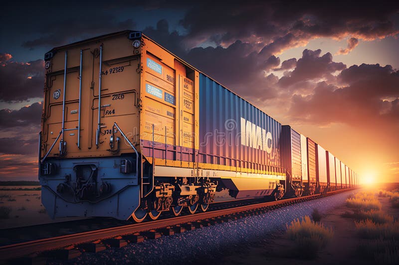 Cargo Train Platform at Sunset with Container Stock Illustration ...