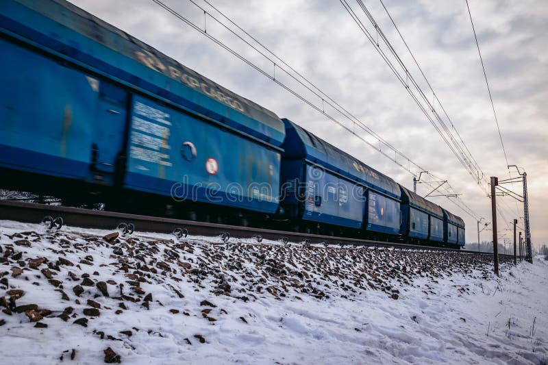 Cargo train in Poland editorial stock photo. Image of polish - 259417513