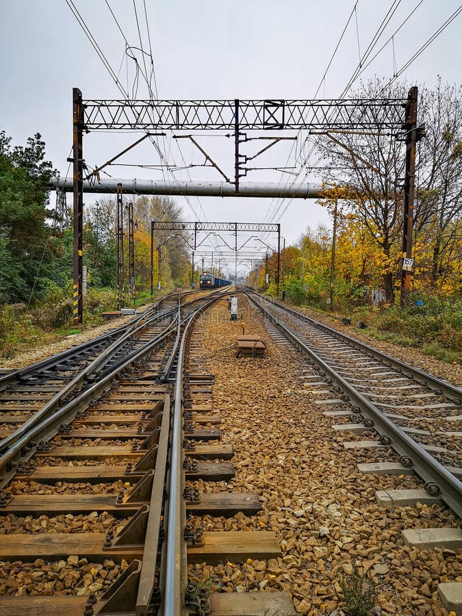 Cargo Train Riding on Long Railroad at Cloudy Morning Stock Photo ...