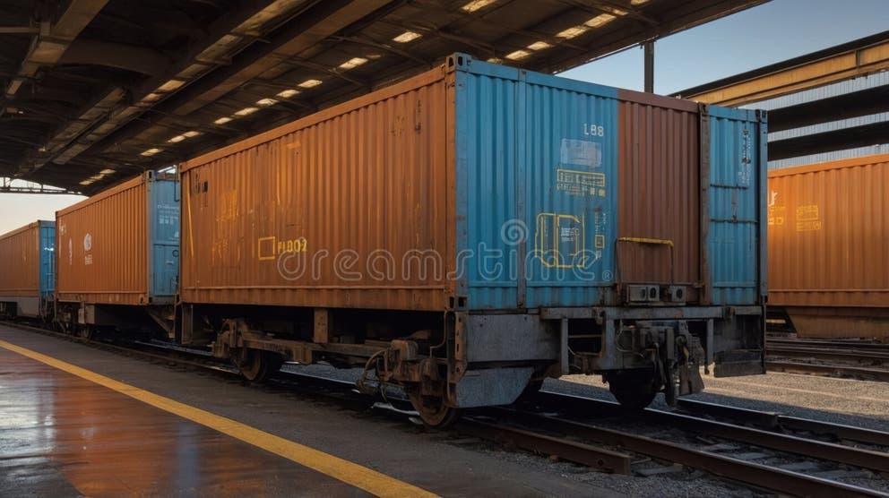 Cargo Train with Shipping Containers on Tracks Stock Photo - Image of ...