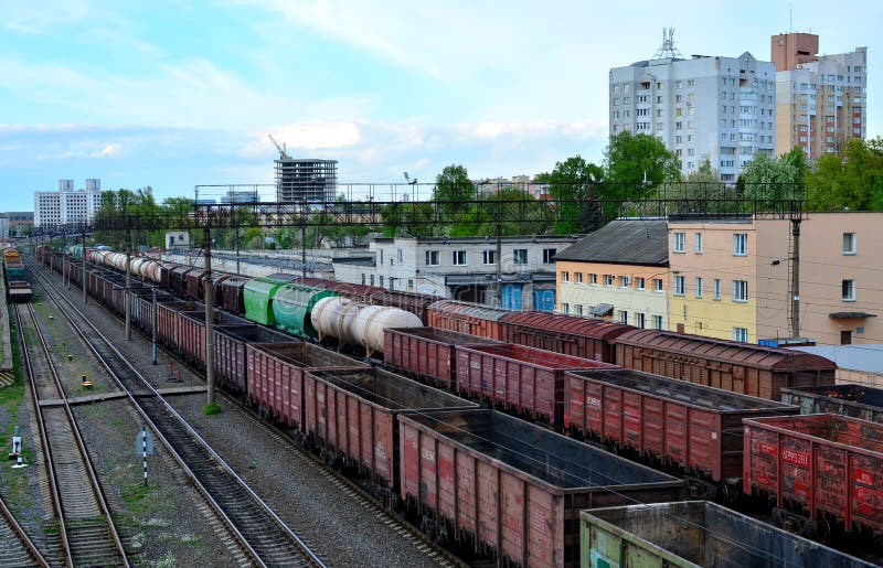 Cargo Train in Sorting Freight Railway Station, Rail Freight Transport ...