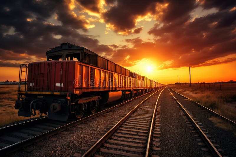 Cargo Train at Sunset. International Train Transport Stock Illustration ...