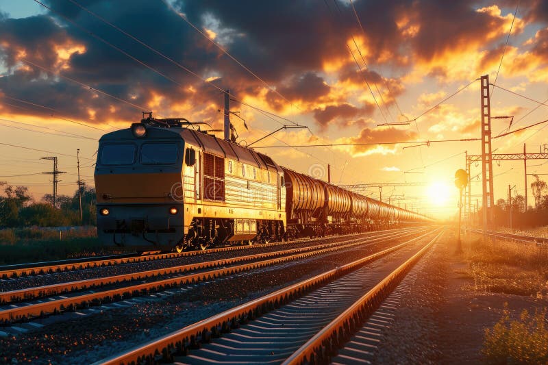 Cargo Train at Sunset. International Train Transport Stock Illustration ...