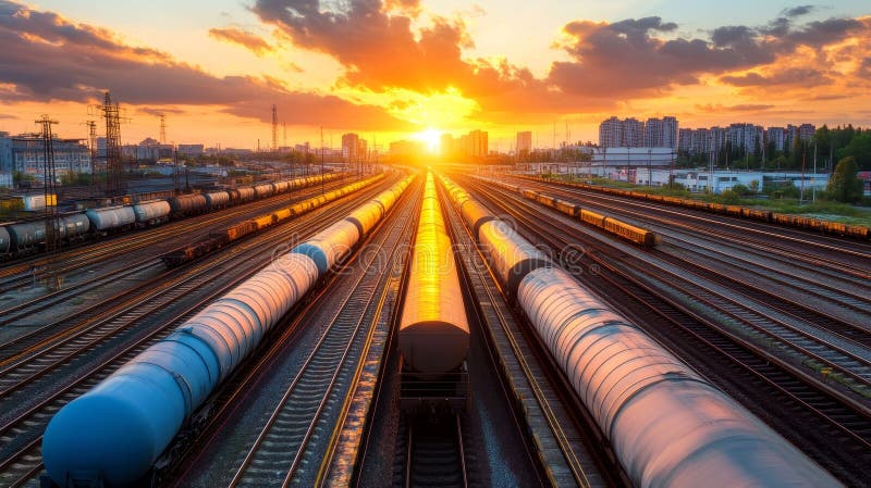 Cargo Train Terminal with Packed Railway Tracks at Golden Sunset ...